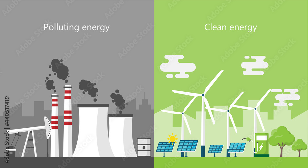 renewable energy and fossil fuels. clean energy and polluting energy. save ecology and ...