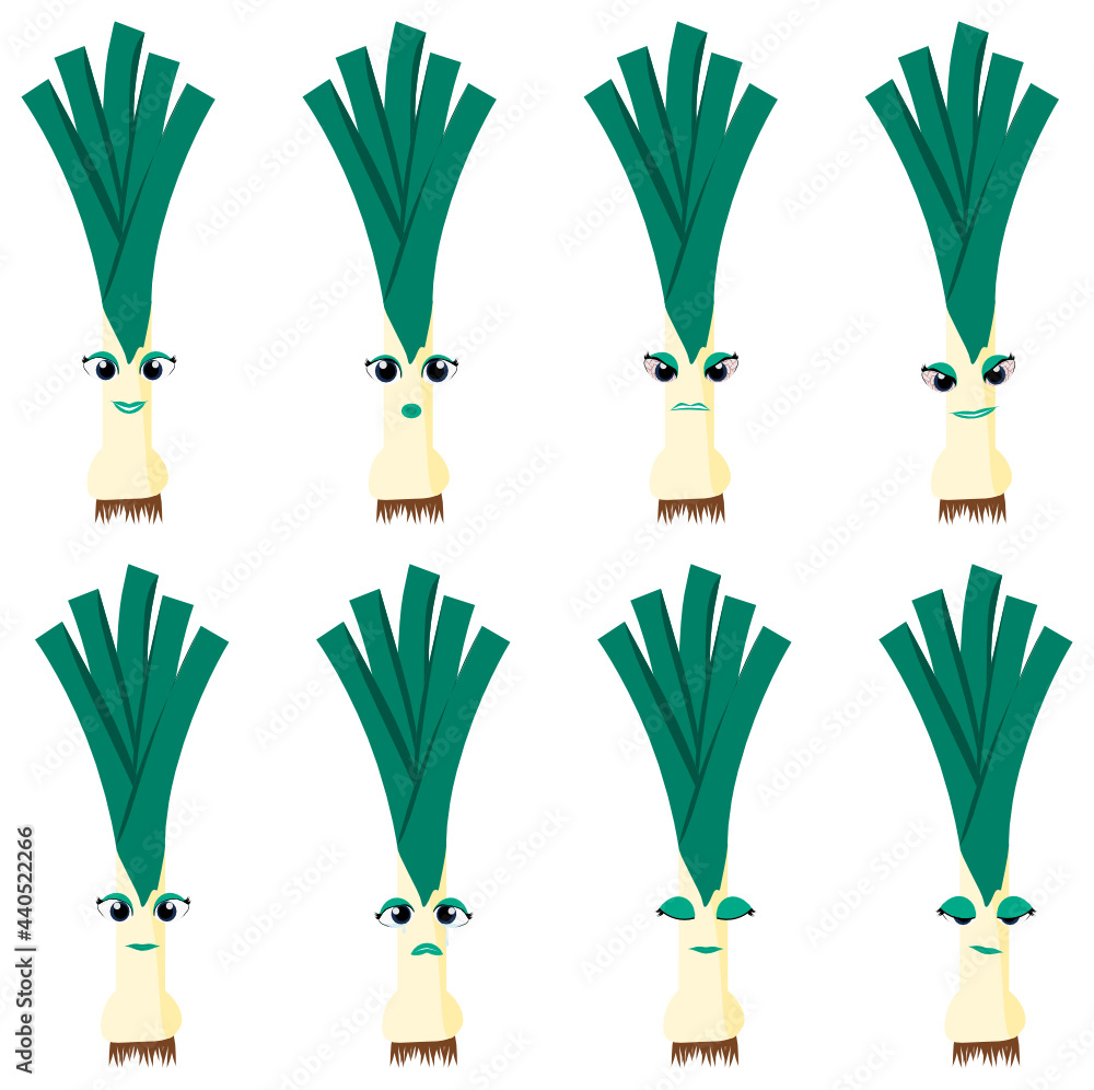 Attractive vector vegetable emoji set of leeks. it represent the happy ...