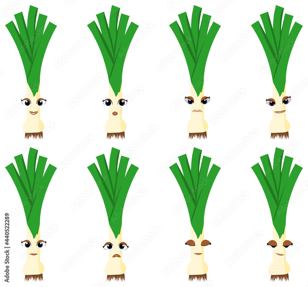 Attractive vector vegetable emoji set of leeks. it represent the happy ...