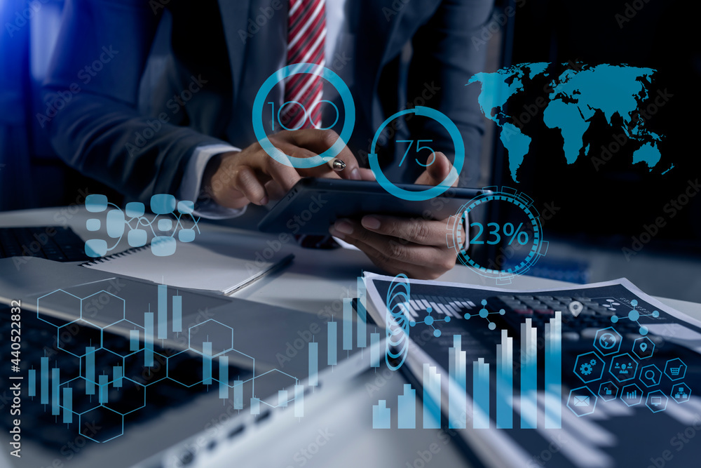 Selective focus of Businessman hands working on data analytics report ...