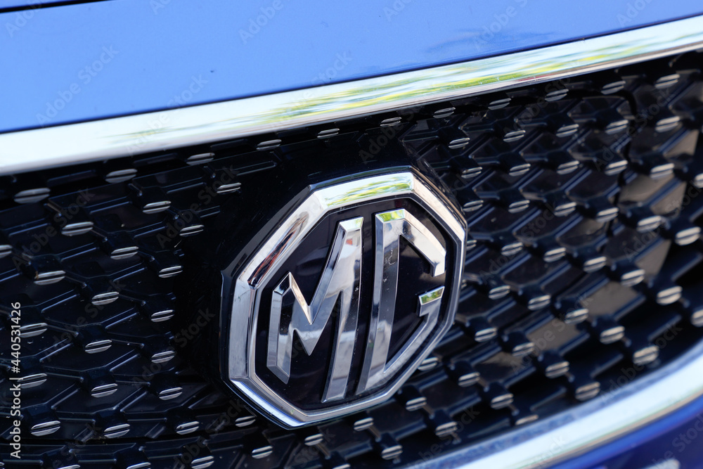 mg car electric ZS EV crossover suv front logo text and brand sign ...