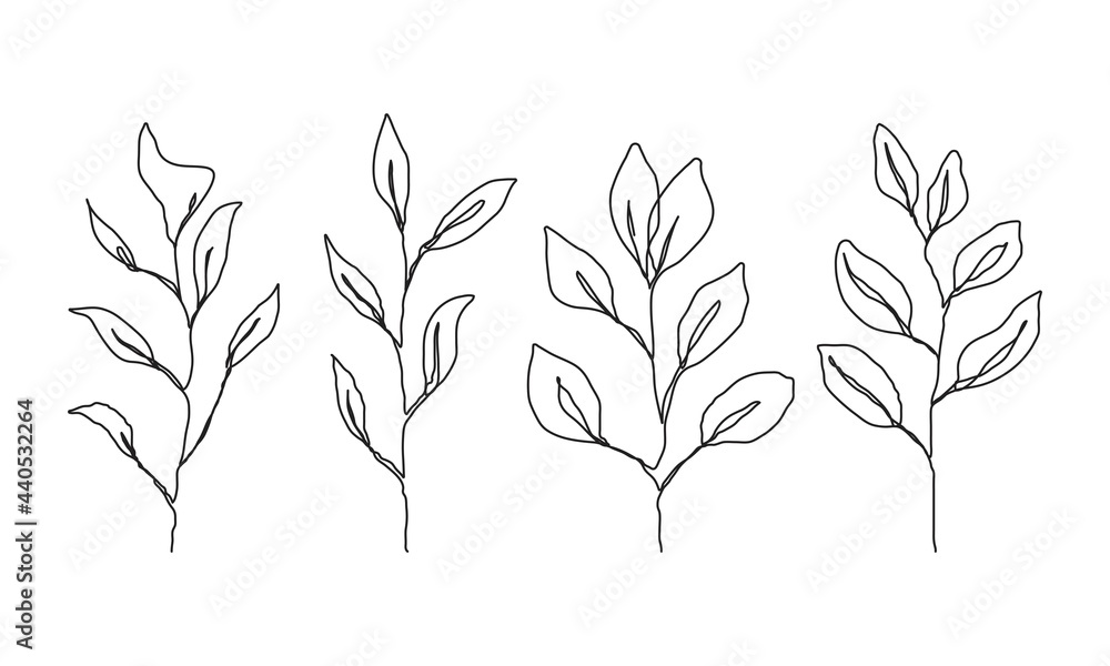 Leaves Set One Line Drawing. Hand Drawn Minimalism Style of Simple ...
