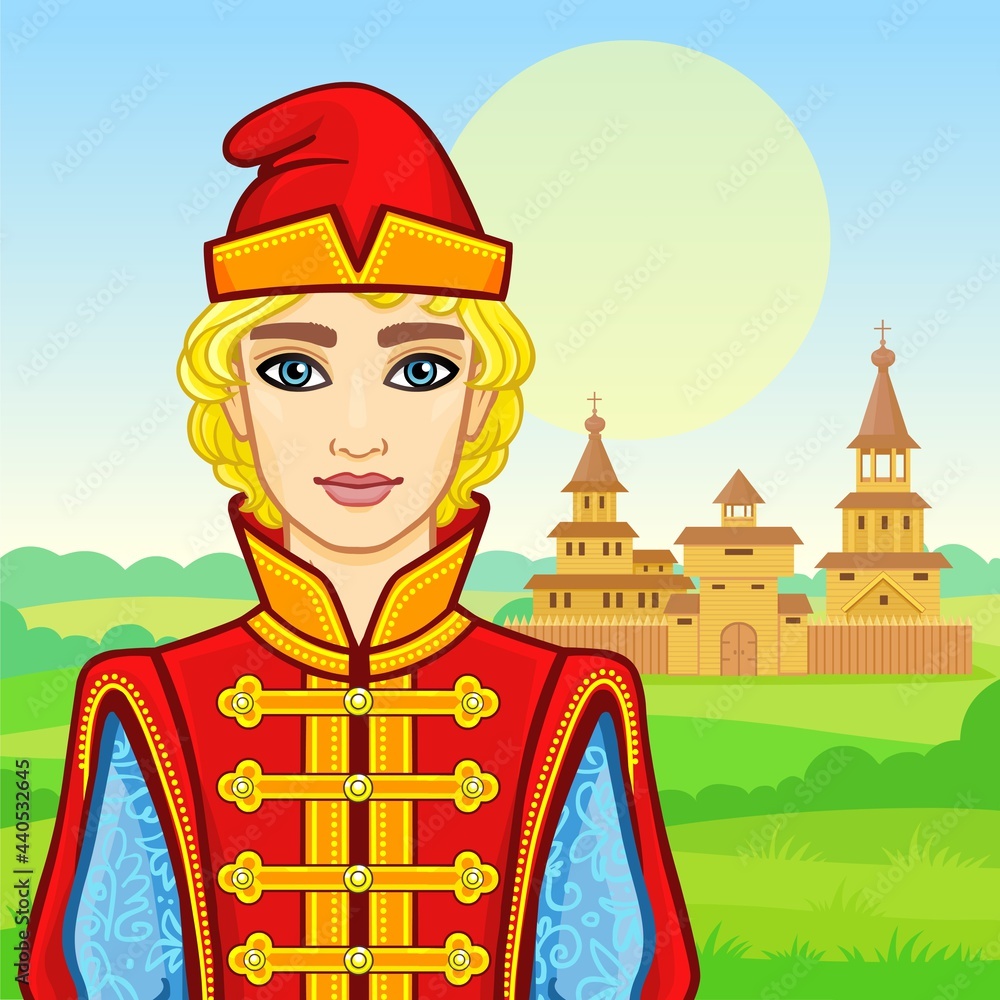 Animation portrait of the young Russian man in rich ancient clothes ...