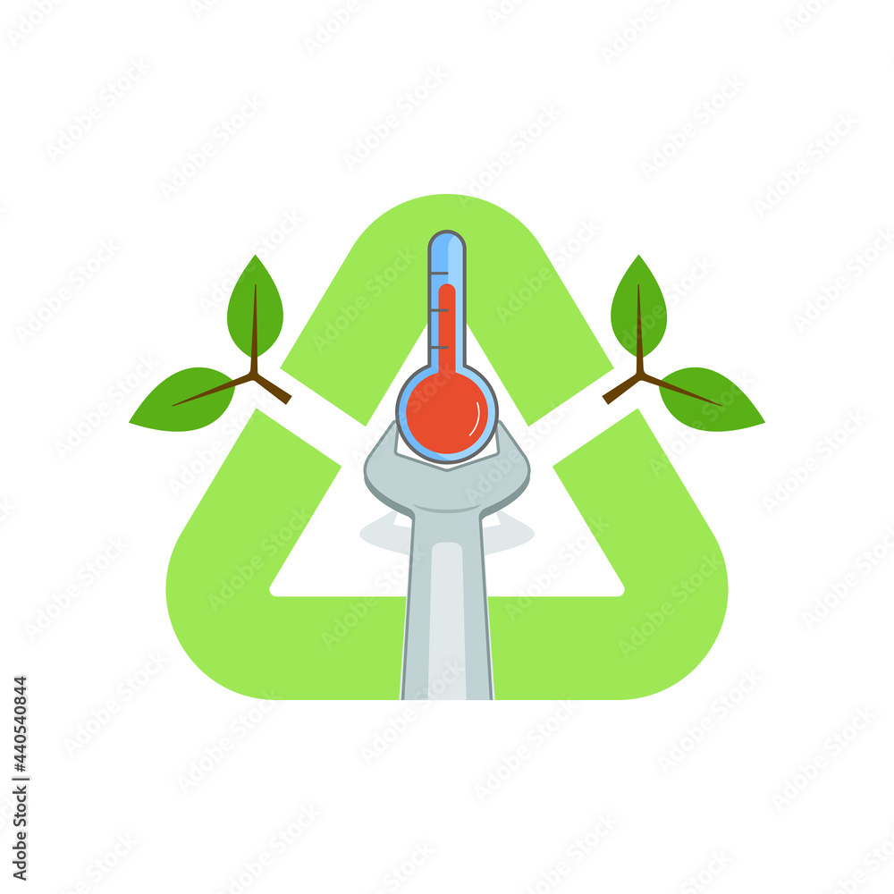 Wrench gripping thermometer inside recycling triangle symbol. Being eco ...