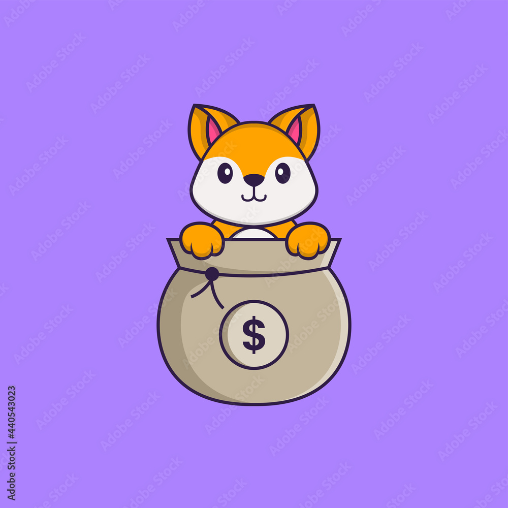Cute fox playing in money bag. Animal cartoon concept isolated. Can ...