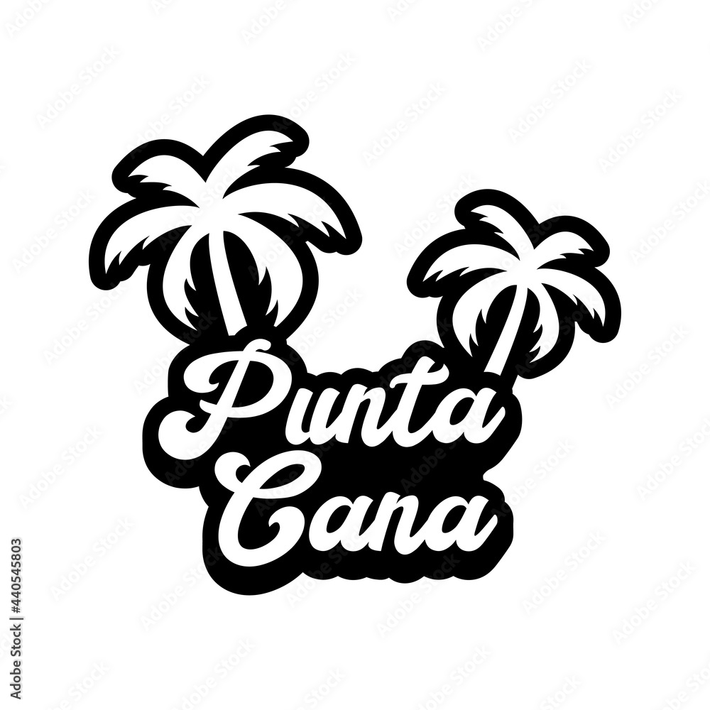 Destino de vacaciones. Logotipo con texto Punta Cana con palmeras con ...
