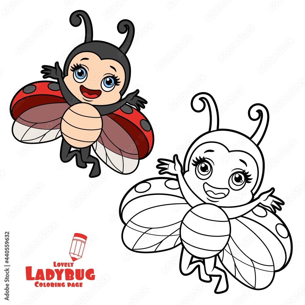 Cute cartoon little ladybug flying color variation for coloring page ...