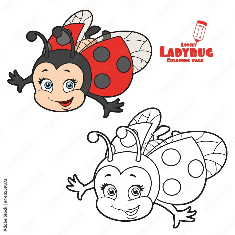 Cute cartoon ladybug fly color variation for coloring page isolated on ...