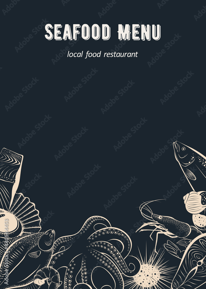 Menu template for seafood restaurant, cafe and fish market on a ...