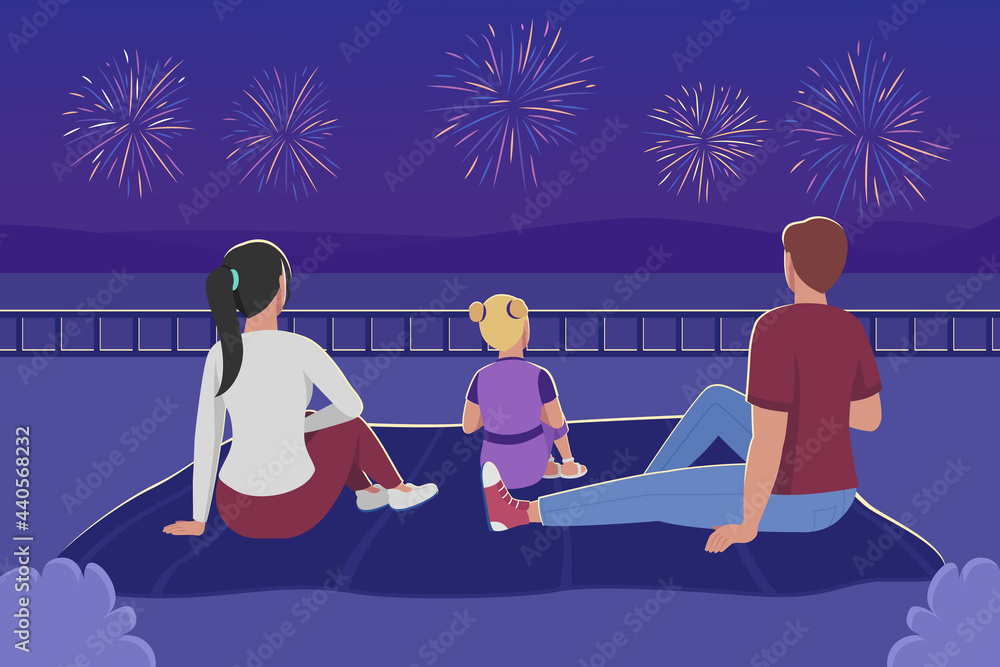 Family watching fireworks flat color vector illustration. Mother ...