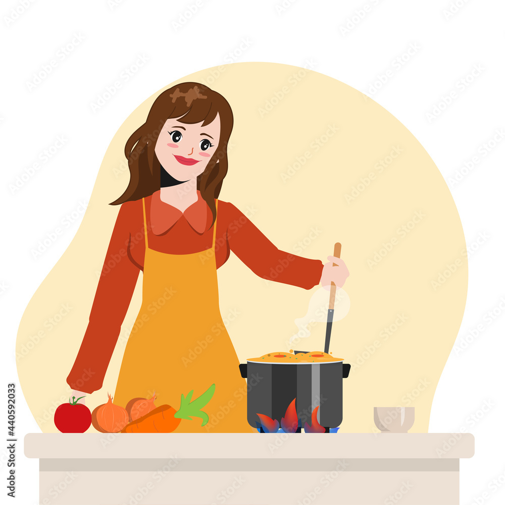 Beautiful housewife is cooking in the kitchen. Illustration vector ...