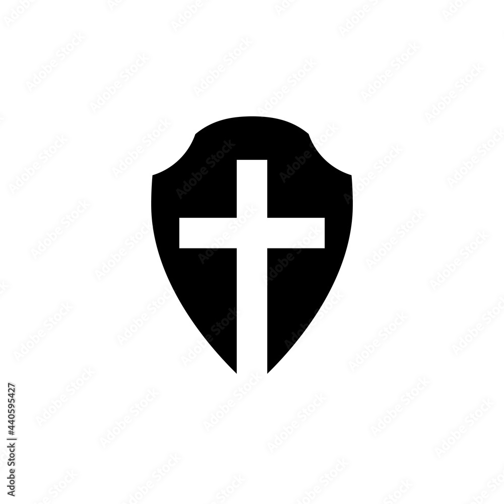Shield icon with christian cross symbol isolated on white background ...