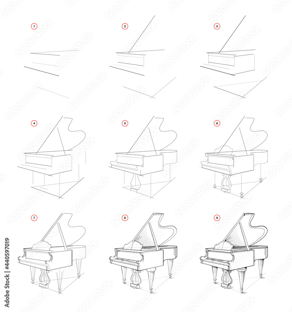 Page shows how to learn to draw sketch of grand piano. Creation step by ...