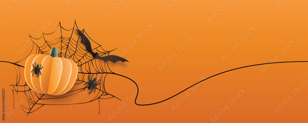 Paper cut realistic pumpkin, bat, spiders, web with continuous seamless ...