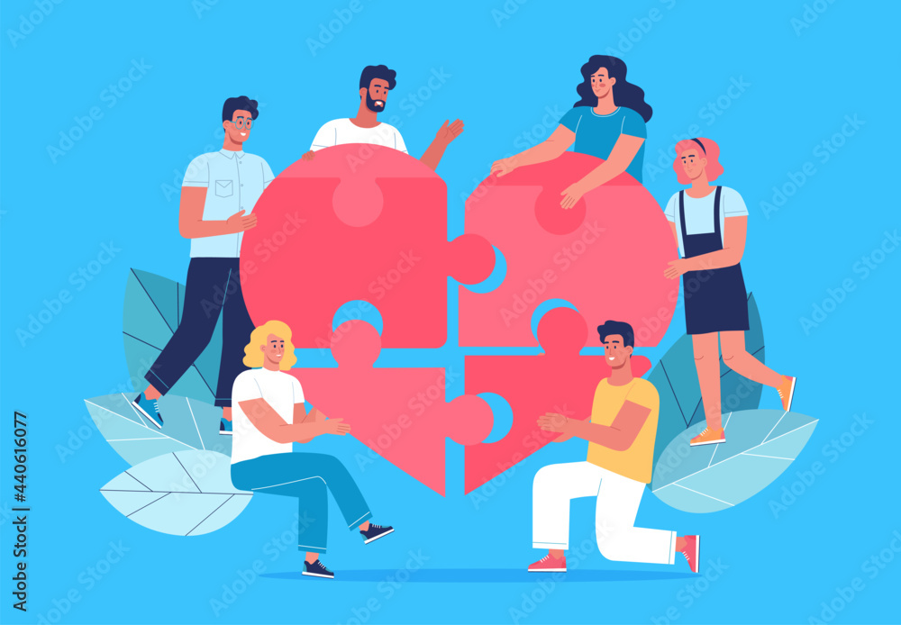 Different people work together for charity vector illustration. Red ...