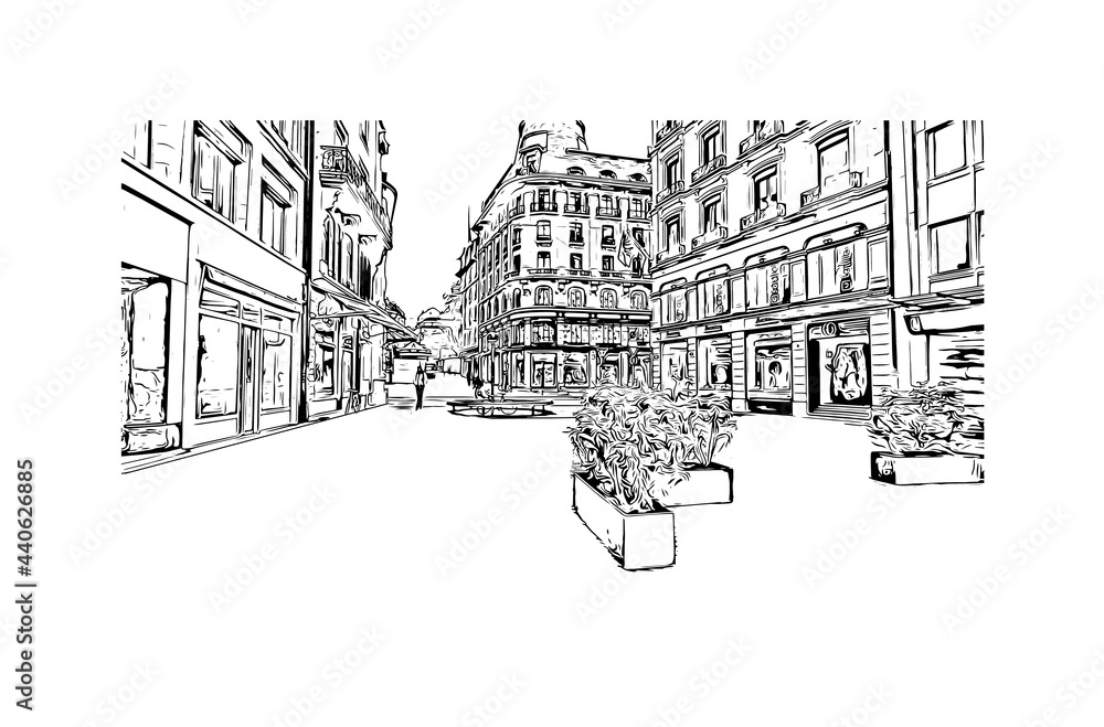 Building view with landmark of Geneva is a city in Switzerland. Hand ...