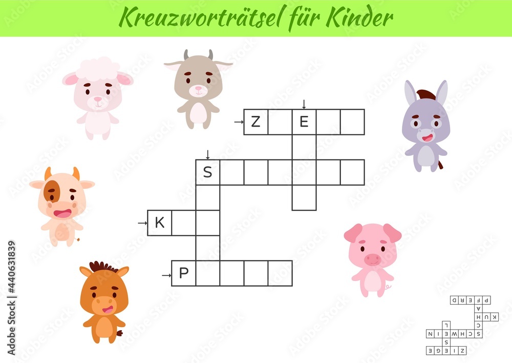 Crossword for kids in German with pictures of animals. Educational game ...