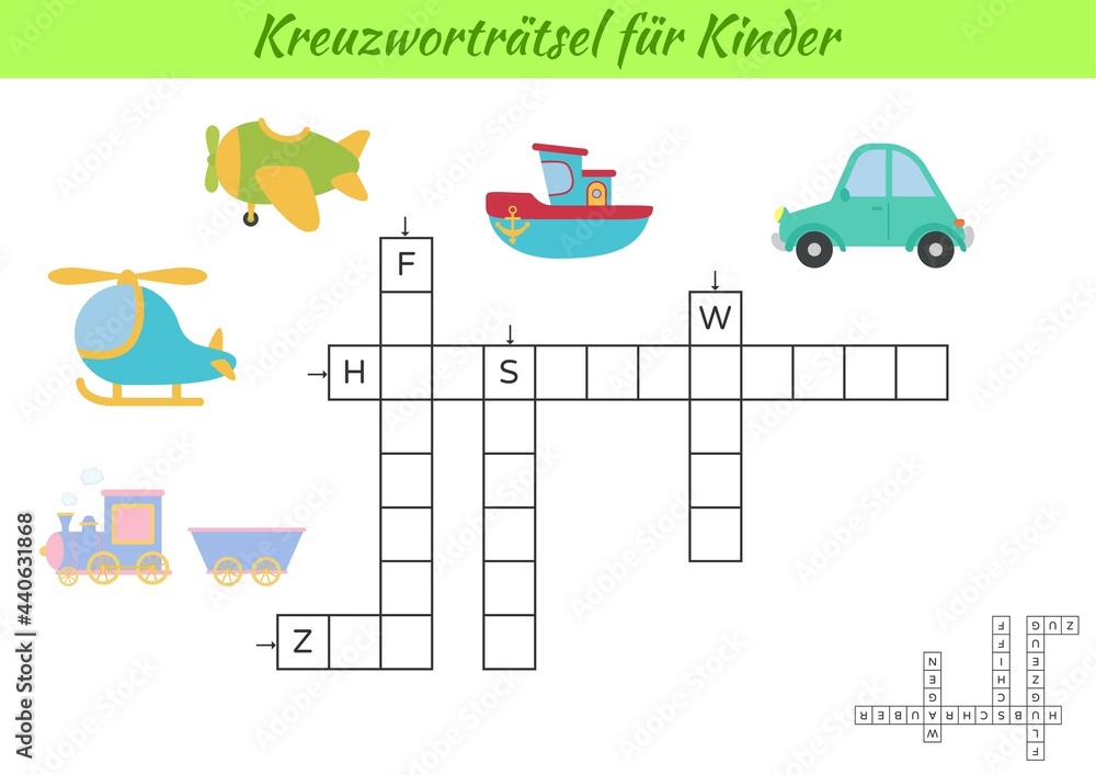 Crossword for kids in German with pictures of transport. Educational ...