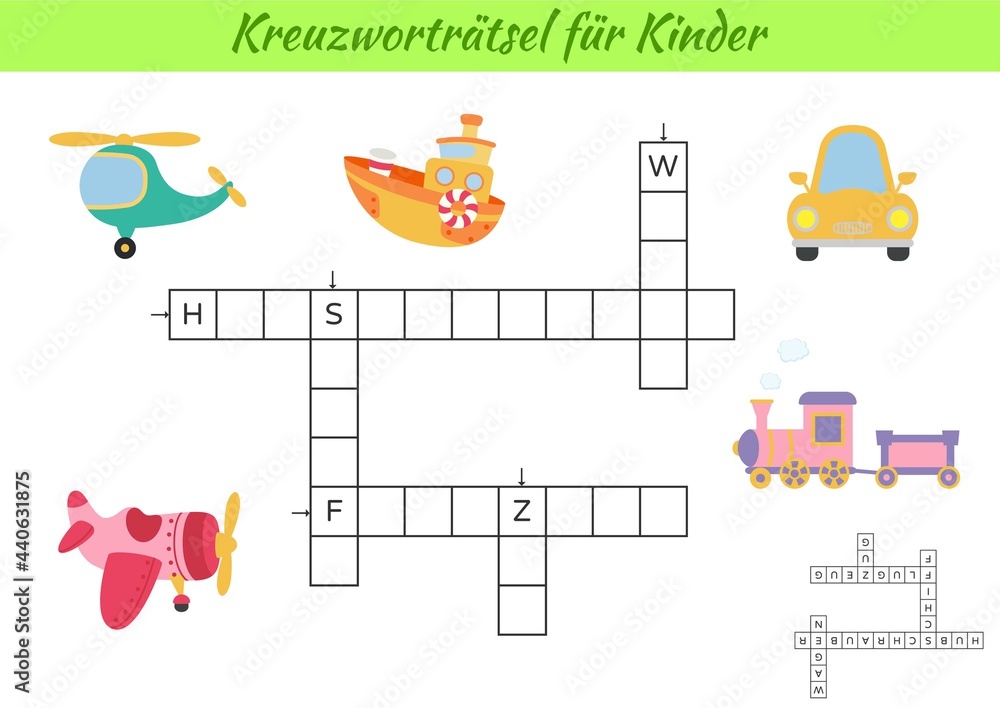 Crossword for kids in German with pictures of transport. Educational ...