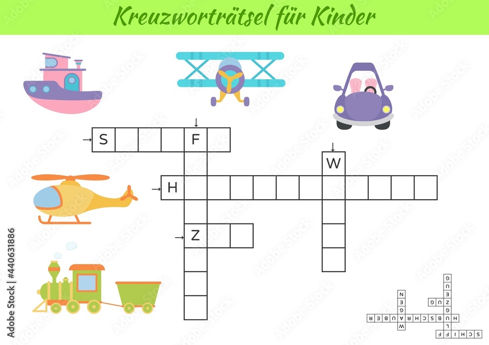 Crossword for kids in German with pictures of transport. Educational ...