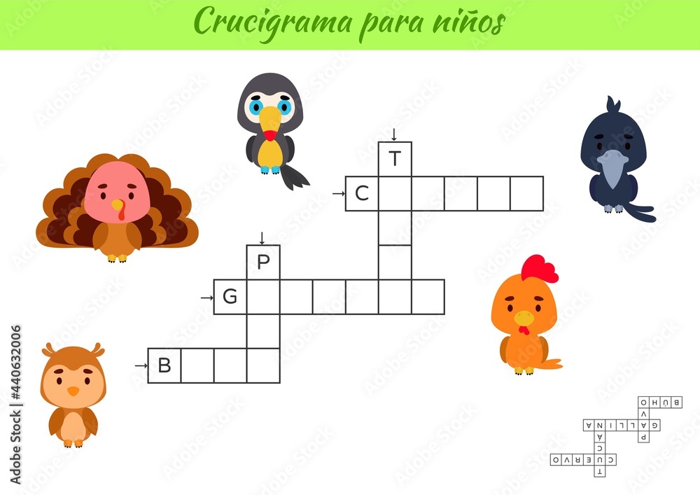 Crossword for kids in Spanish with pictures of birds. Educational game ...