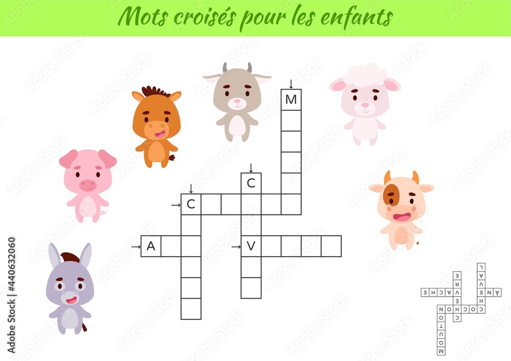 Crossword for kids in French with pictures of animals. Educational game ...