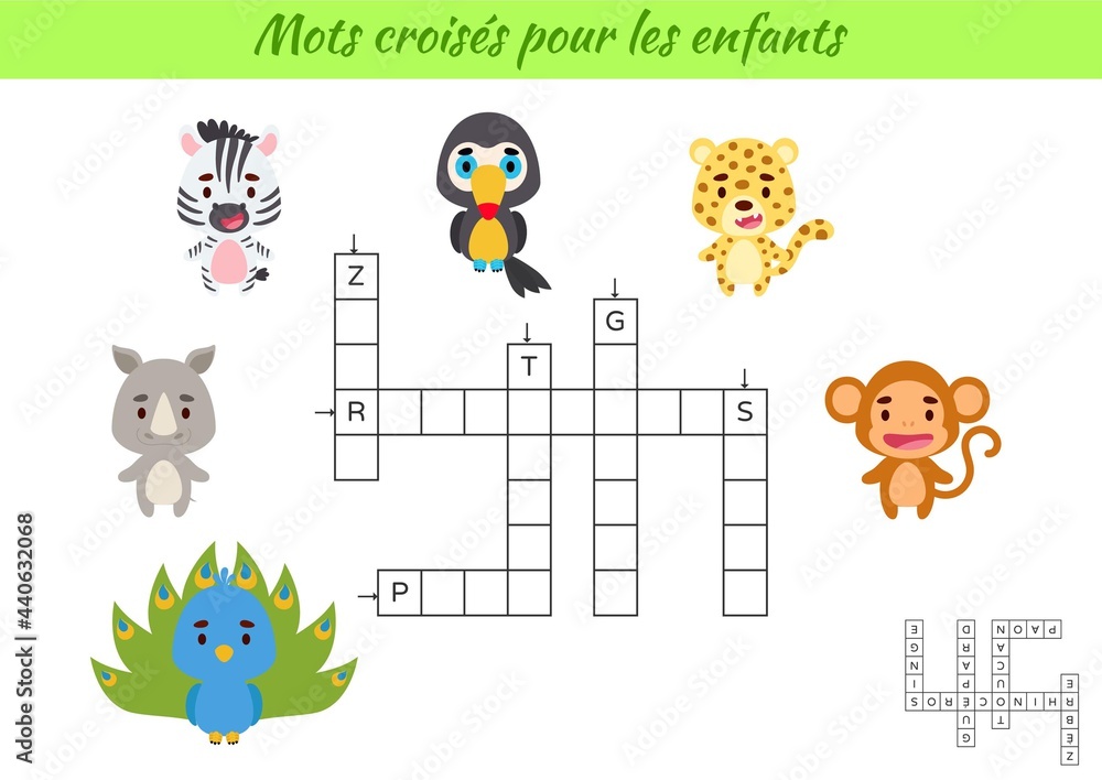Crossword for kids in French with pictures of animals. Educational game ...