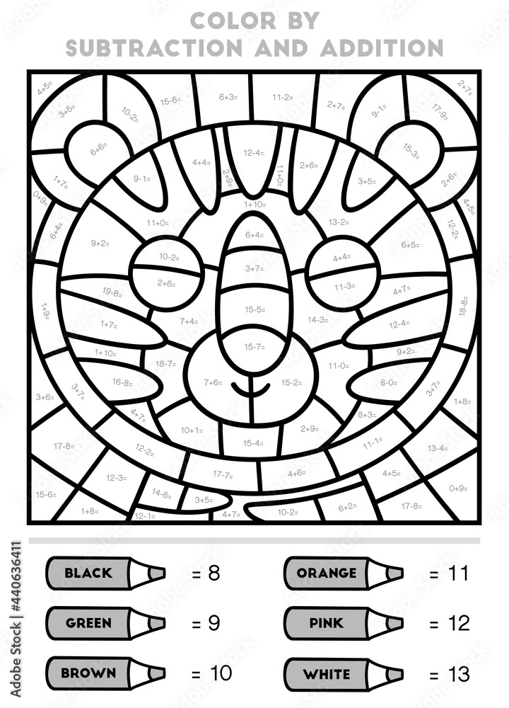 Color by addition and subtraction, education game for kids, Tiger Stock ...