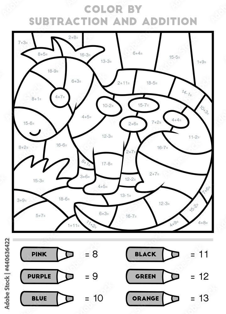 Color by addition and subtraction, education game for kids, Dinosaur ...