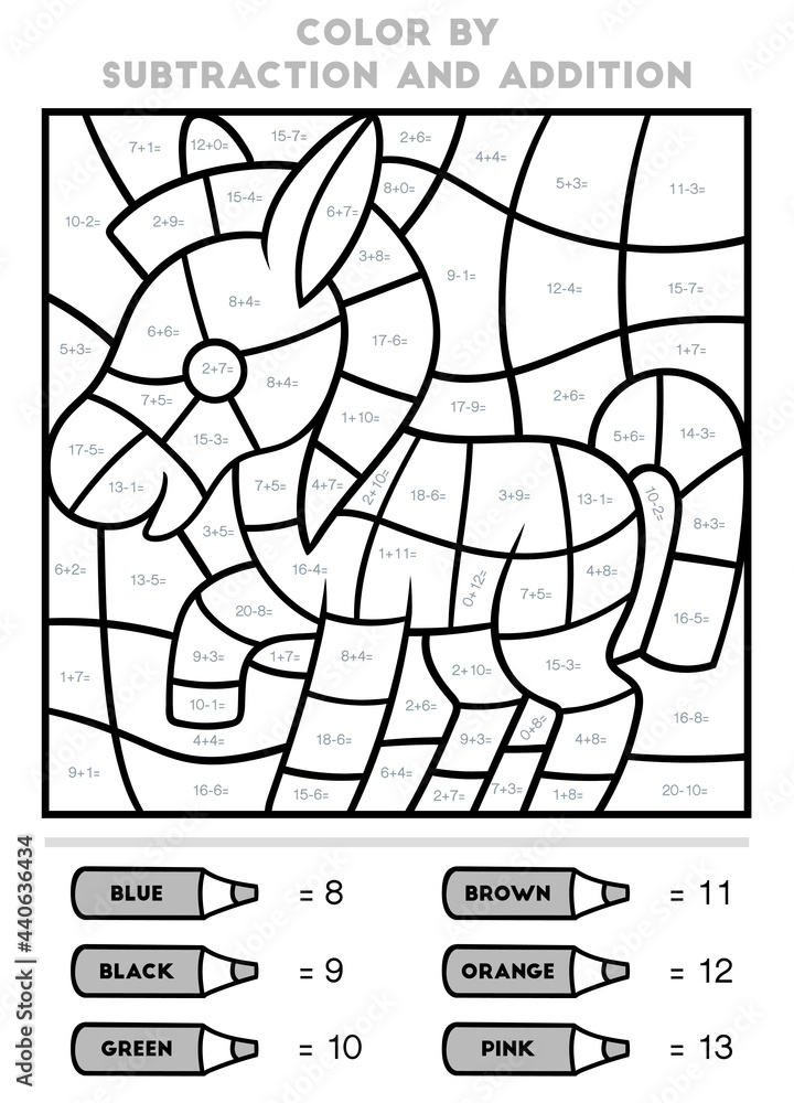 Color by addition and subtraction, education game for kids, Horse Stock ...