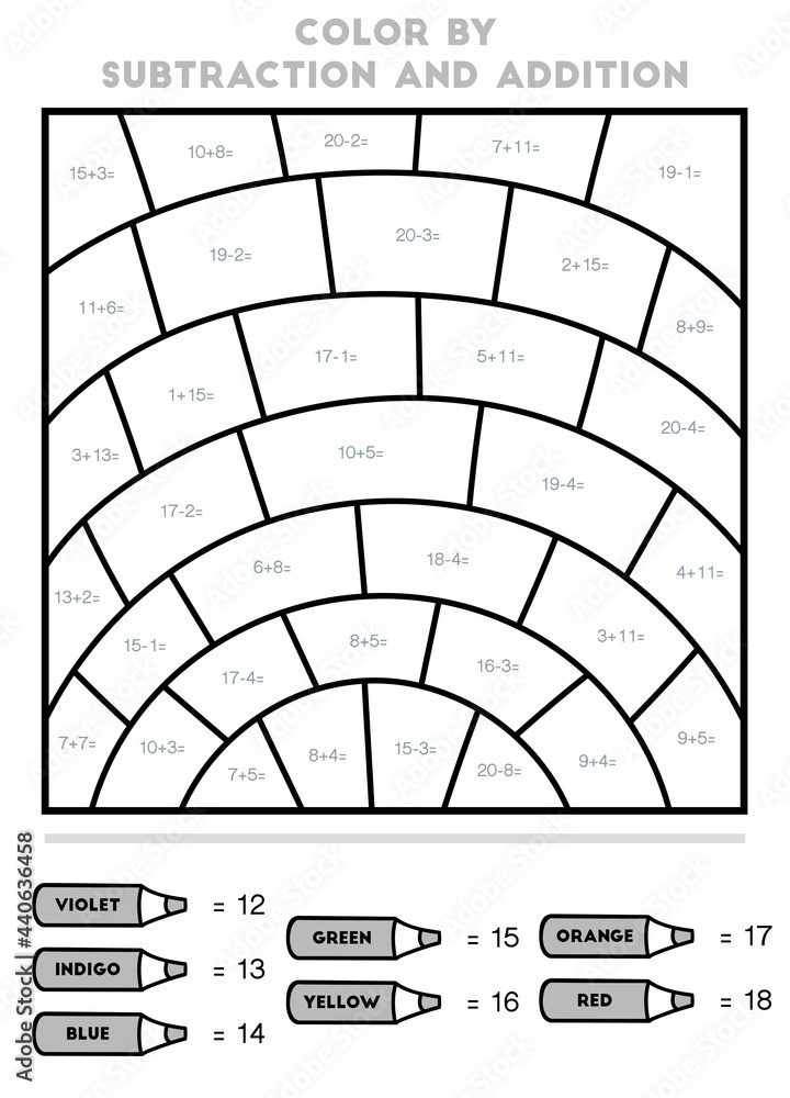 Color by addition and subtraction, education game for kids, Rainbow ...