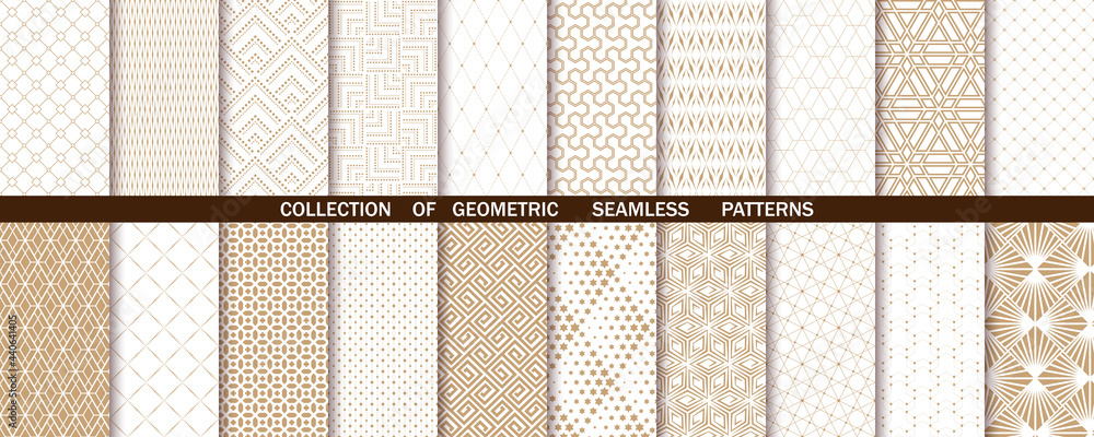 Geometric set of seamless gold and white patterns. Simple vector ...