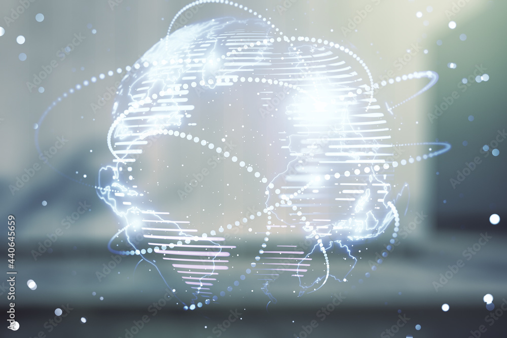 Abstract graphic digital world map hologram with connections on blurry ...