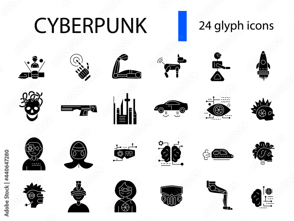 Cyberpunk glyph icons set. Futuristic city. Exoskeleton and high tech ...