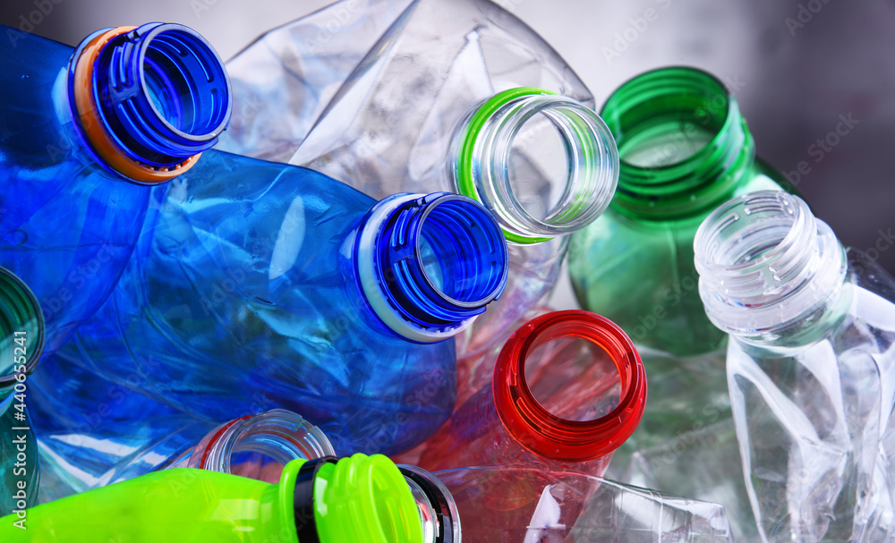 Empty colored carbonated drink bottles. Plastic waste Stock Photo ...