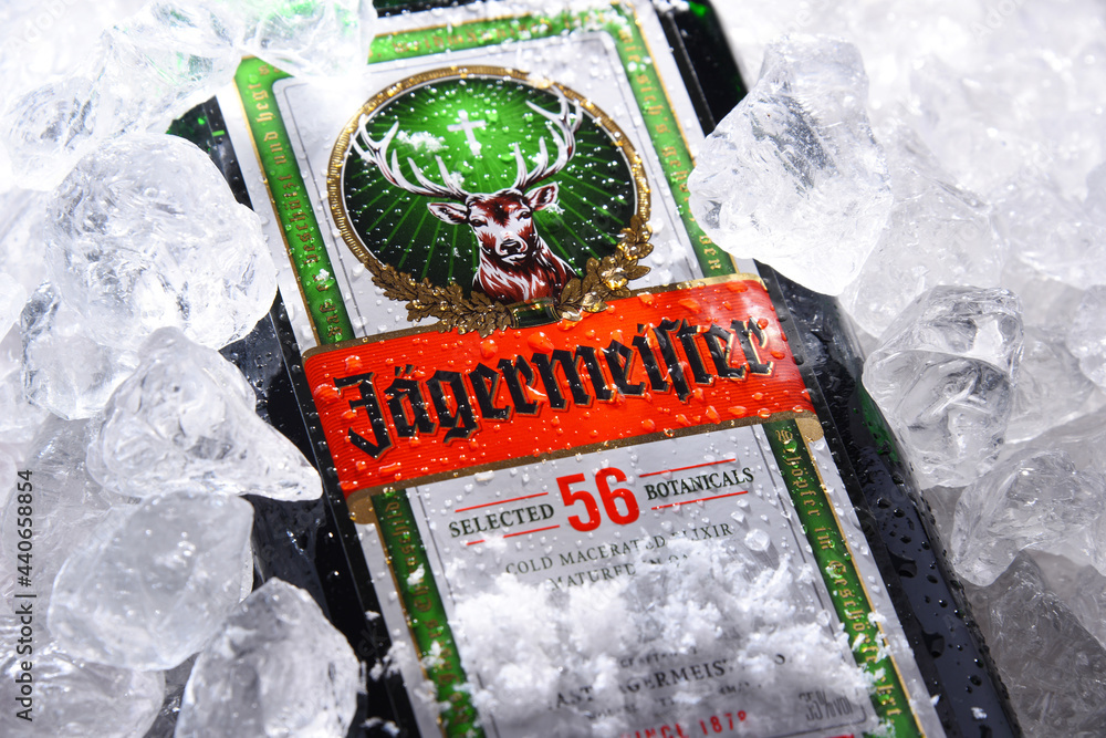 Bottle of Jagermeister herbal liqueur in crushed ice Stock Photo ...