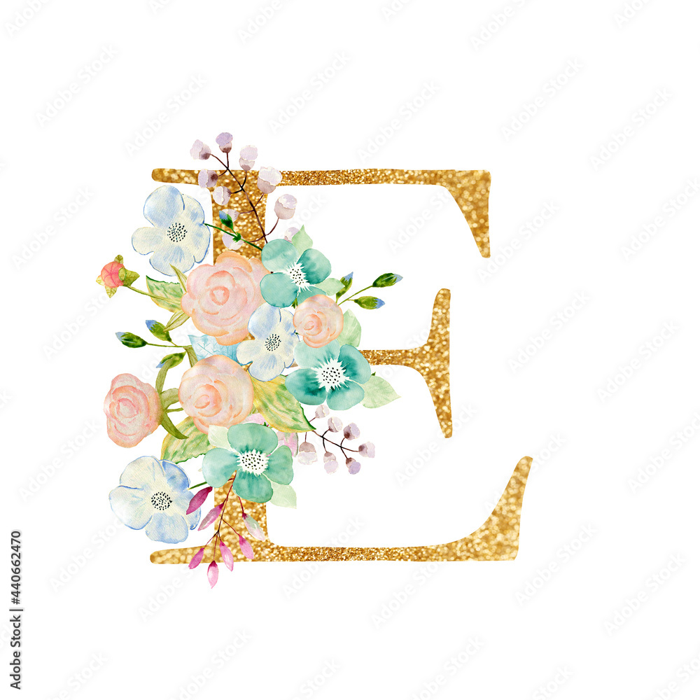 Watercolor floral bouquet and alphabet - gold letter E with flowers ...