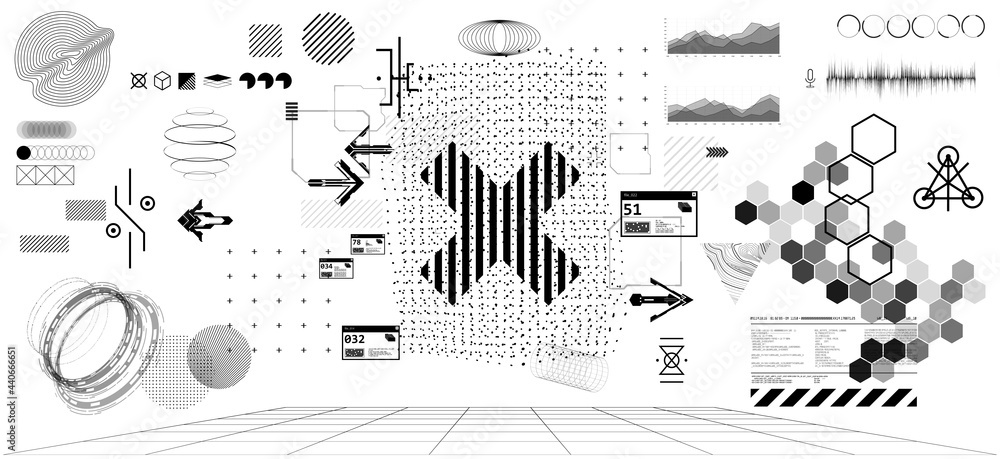 Black & white trendy futuristic elements collection with geometric ...