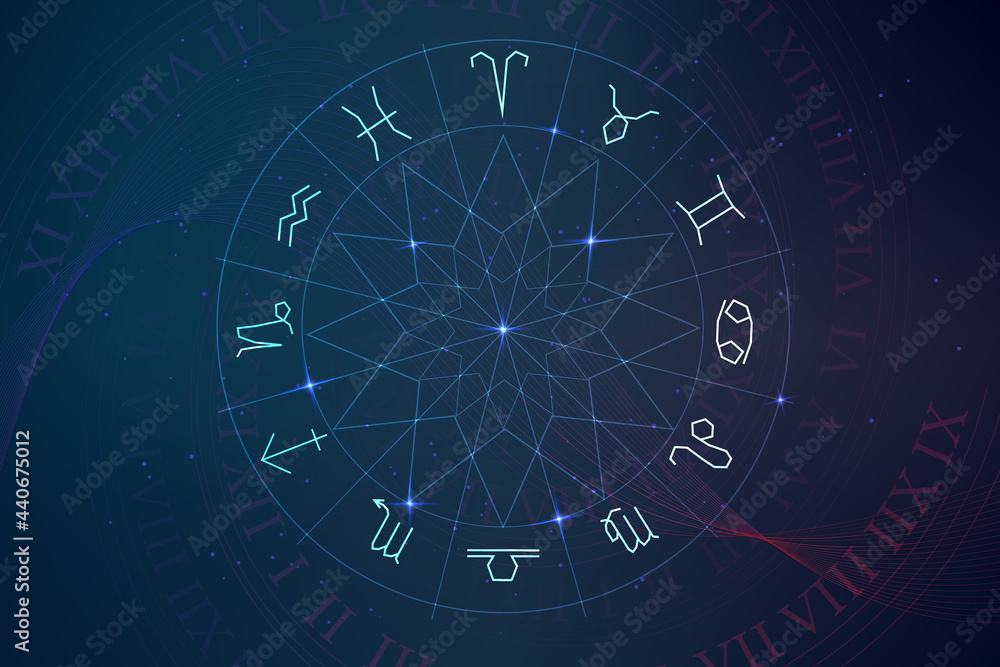 Astrology and numerology concept with zodiac signs and numbers over ...