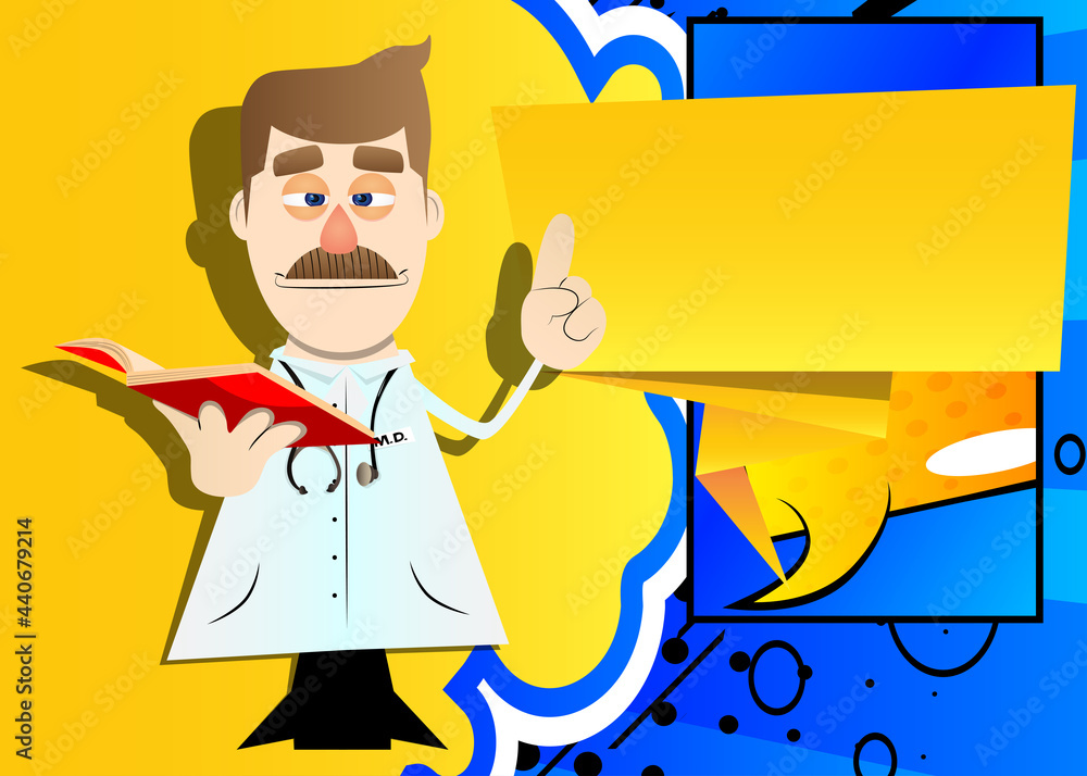 Funny cartoon doctor reading a red book and making a point. Vector ...