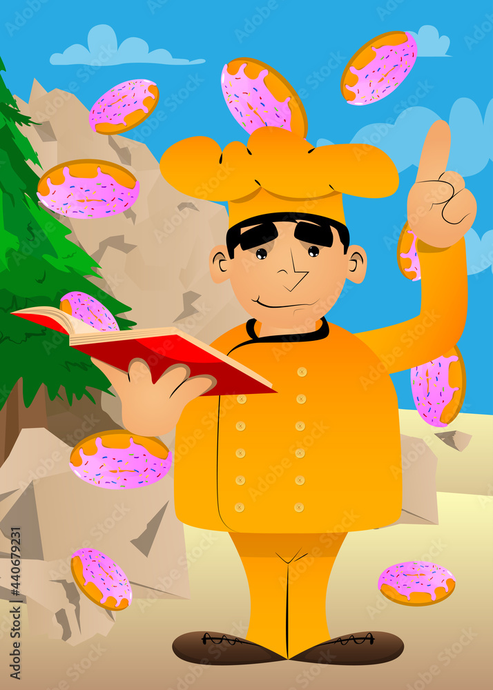 Fat male cartoon chef in uniform reading a red book and making a point ...