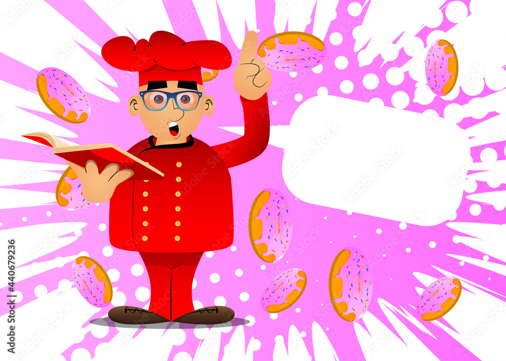 Fat male cartoon chef in uniform reading a red book and making a point ...