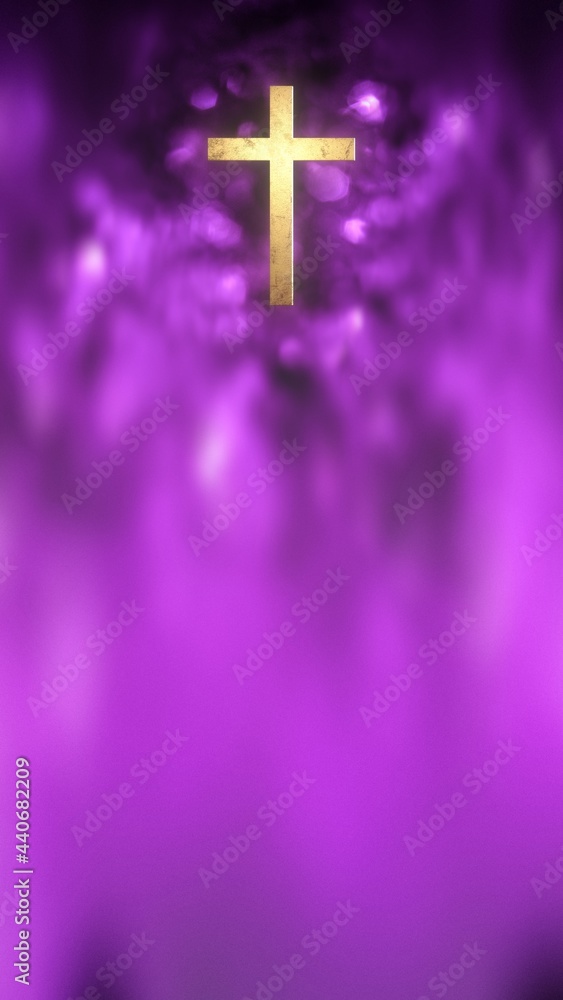 Golden Christian Cross on liturgic purple vertical copy space banner ...
