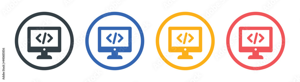 Developer icon set. Code on computer screen symbol. Programmer coding ...