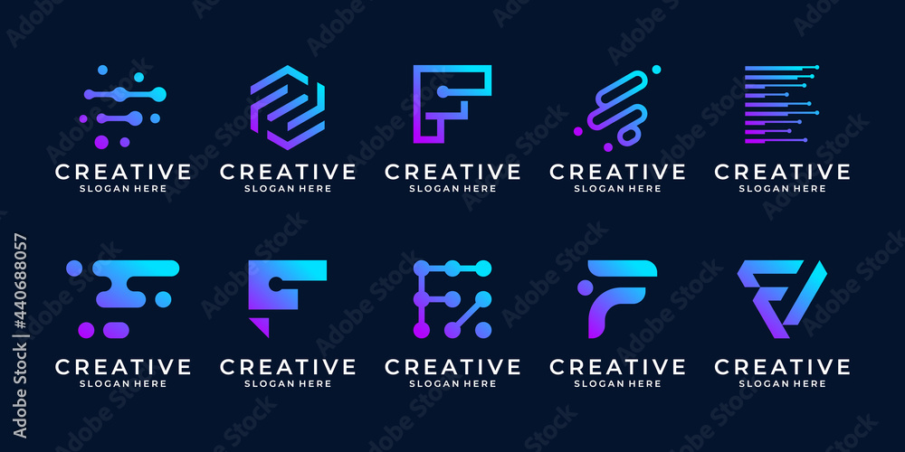 Set of creative letter F logo template. Modern symbol for digital ...