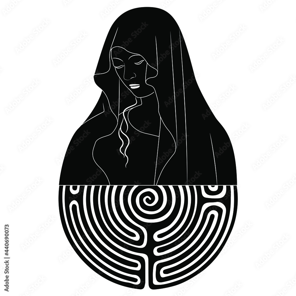 Virgin Mary with maze or labyrinth symbol. Female saint archetype ...