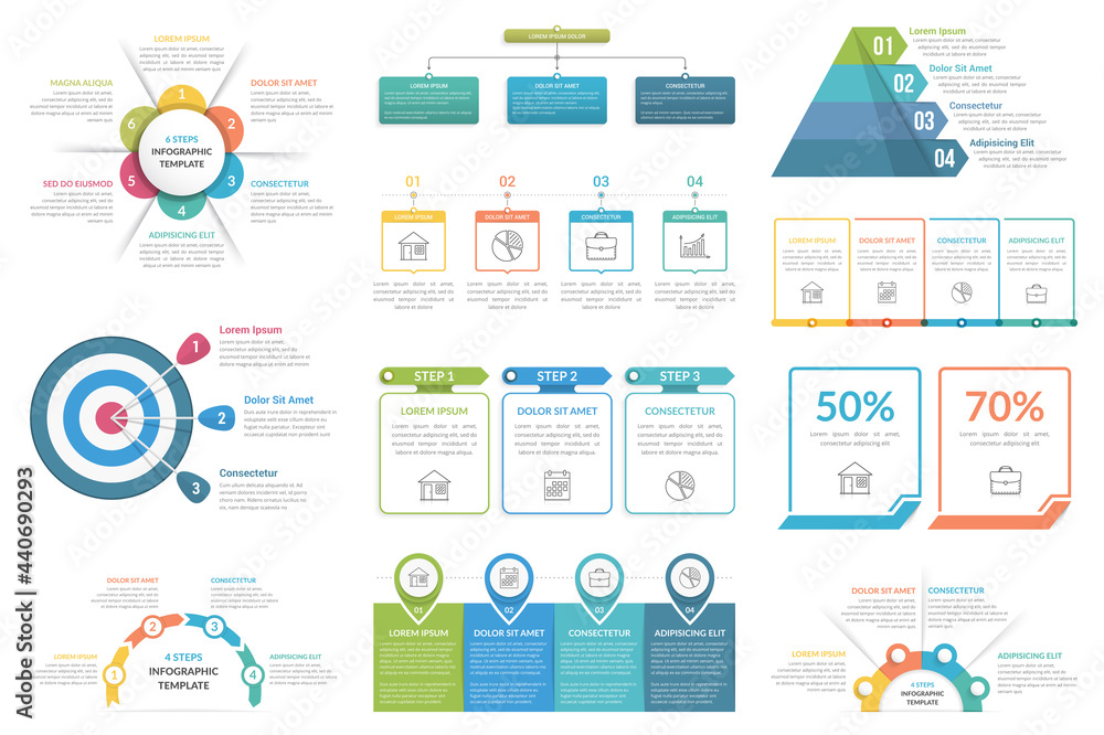 Set of infographic elements - cricle diagram, flowchart, pyramid, steps ...