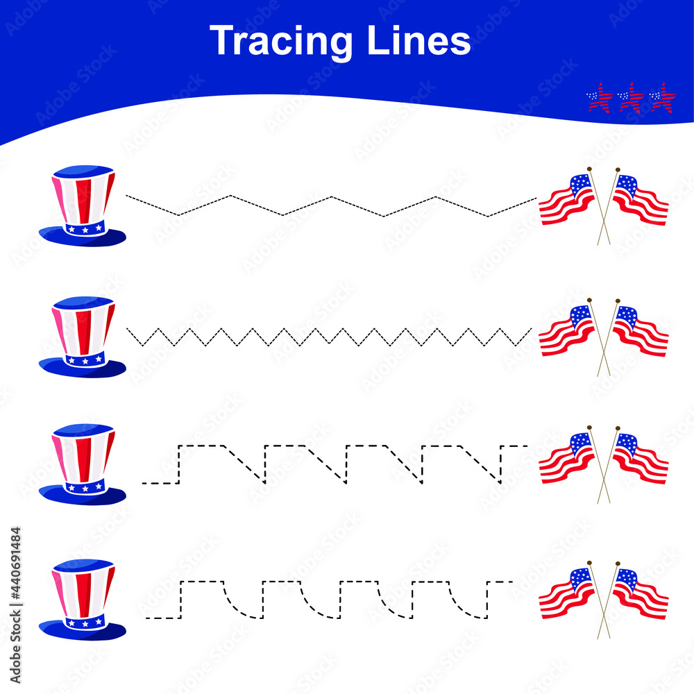 Tracing Lines Game Fourth July Edition. Worksheet activity for ...