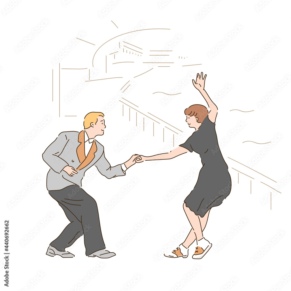 Dancers doing a retro classical dance. hand drawn style vector design ...