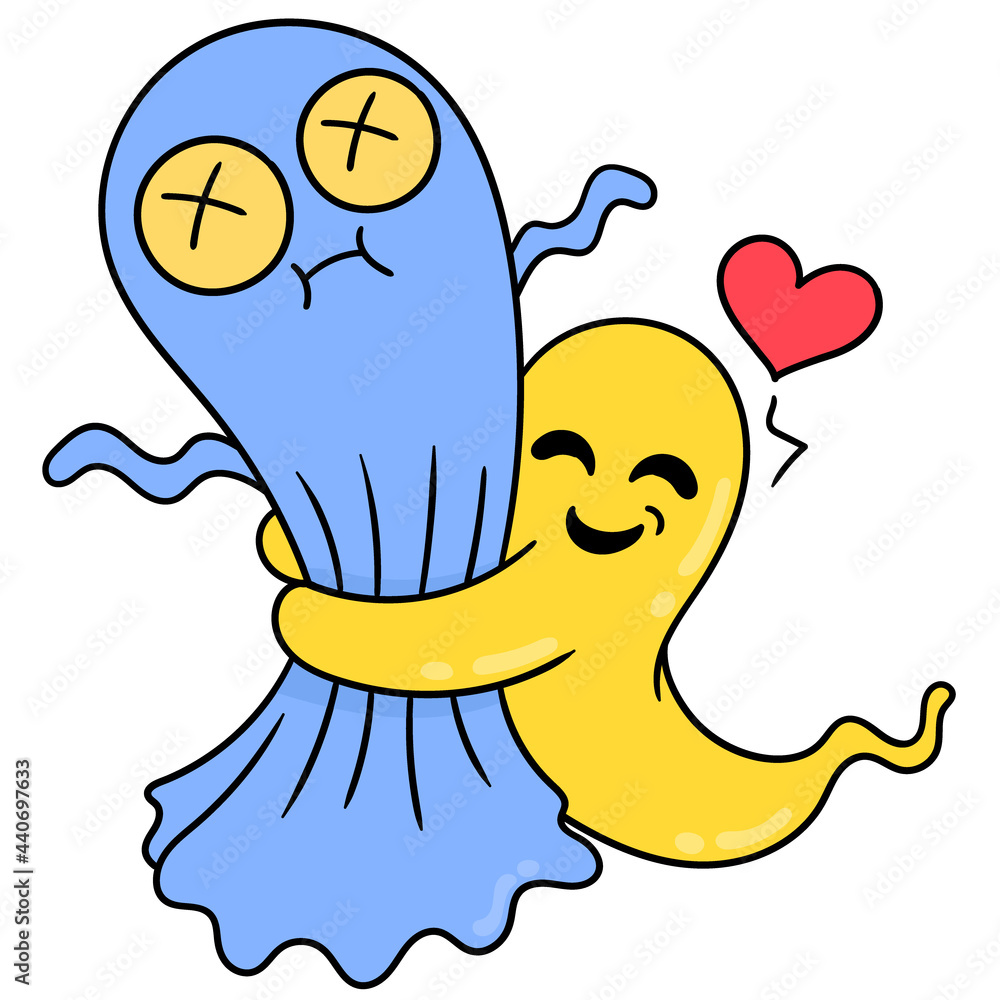 cute ghosts with happy faces hug each other when they miss, doodle icon ...